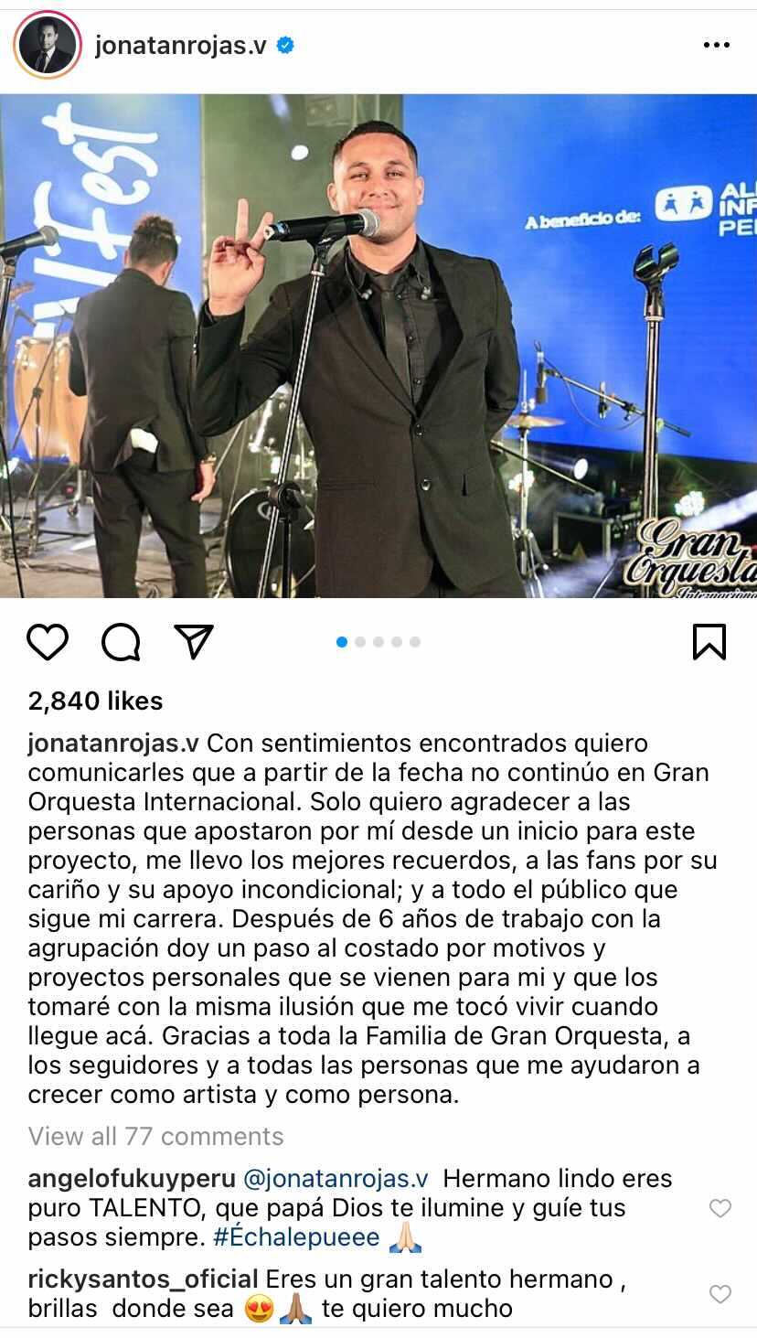 Jonathan Rojas Instagram anuncia su salida de Gran Orquesta ...